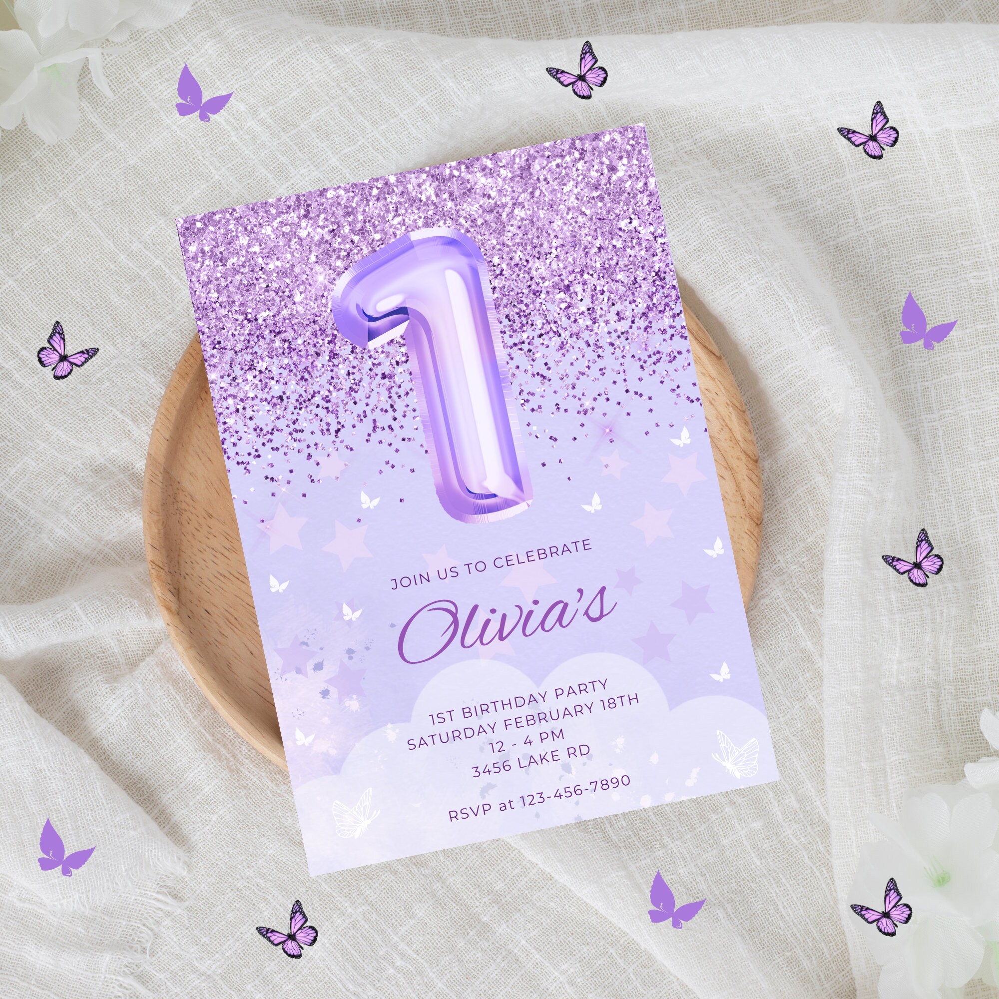 Editable 1st Birthday Invitation Template Purple Glitter Butterfly ...