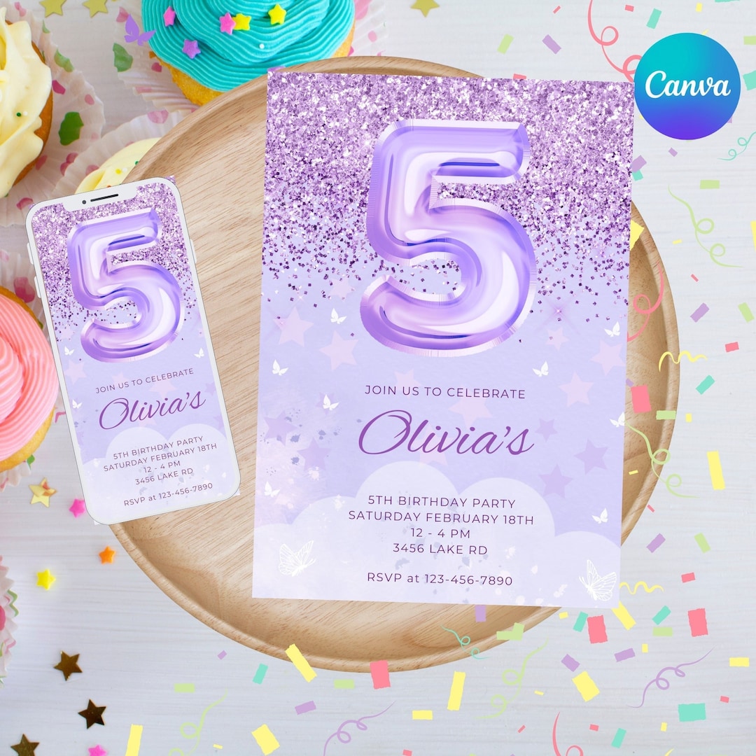 Editable 5th Birthday Invitation Template Purple Glitter Butterfly ...