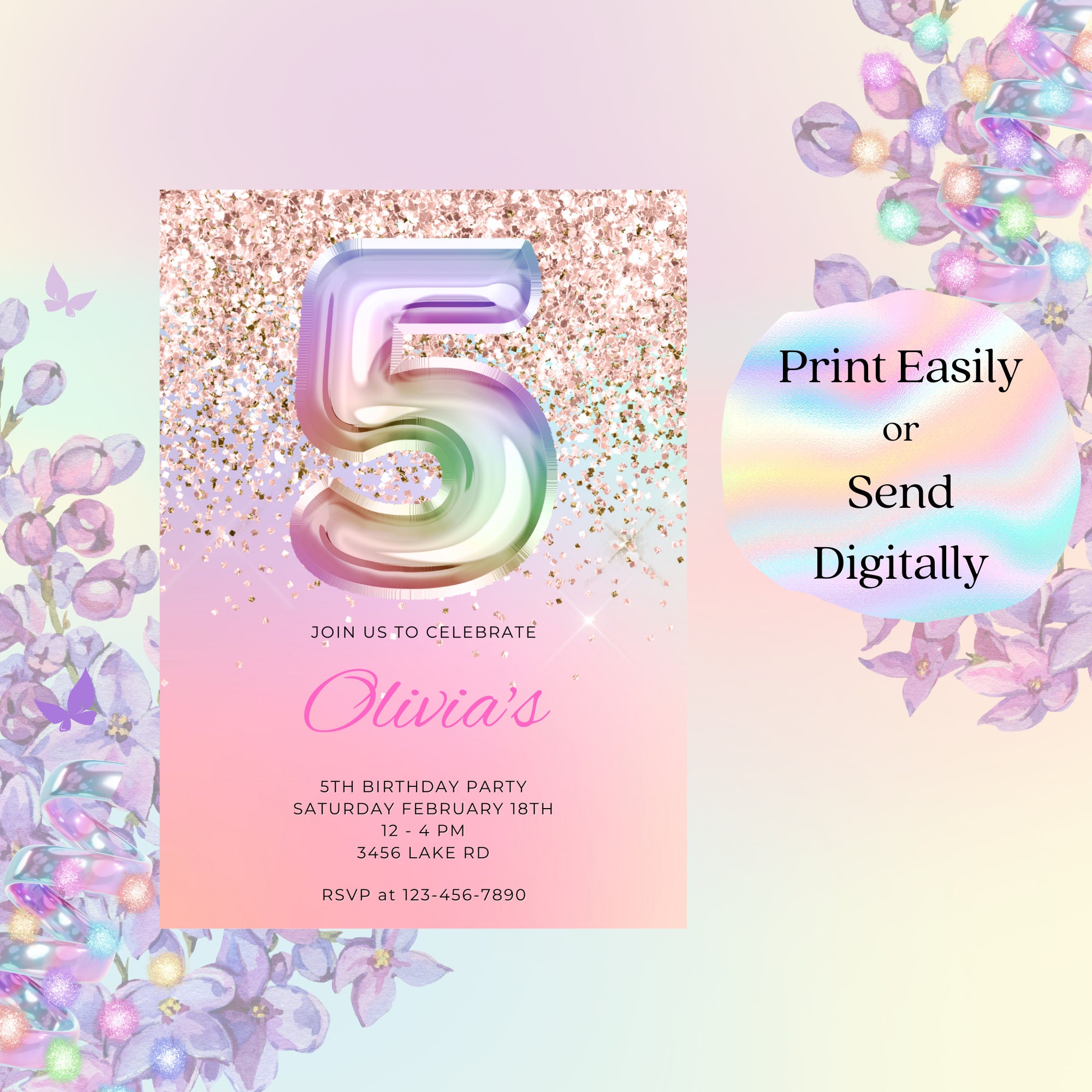 Editable 5th Birthday Invitation Template Pink Glitter Rainbow ...