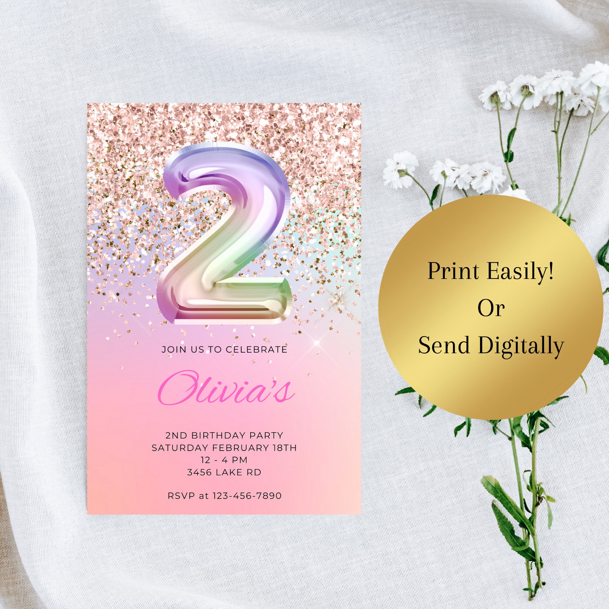 Editable 2nd Birthday Invitation Template Pink Glitter Rainbow ...