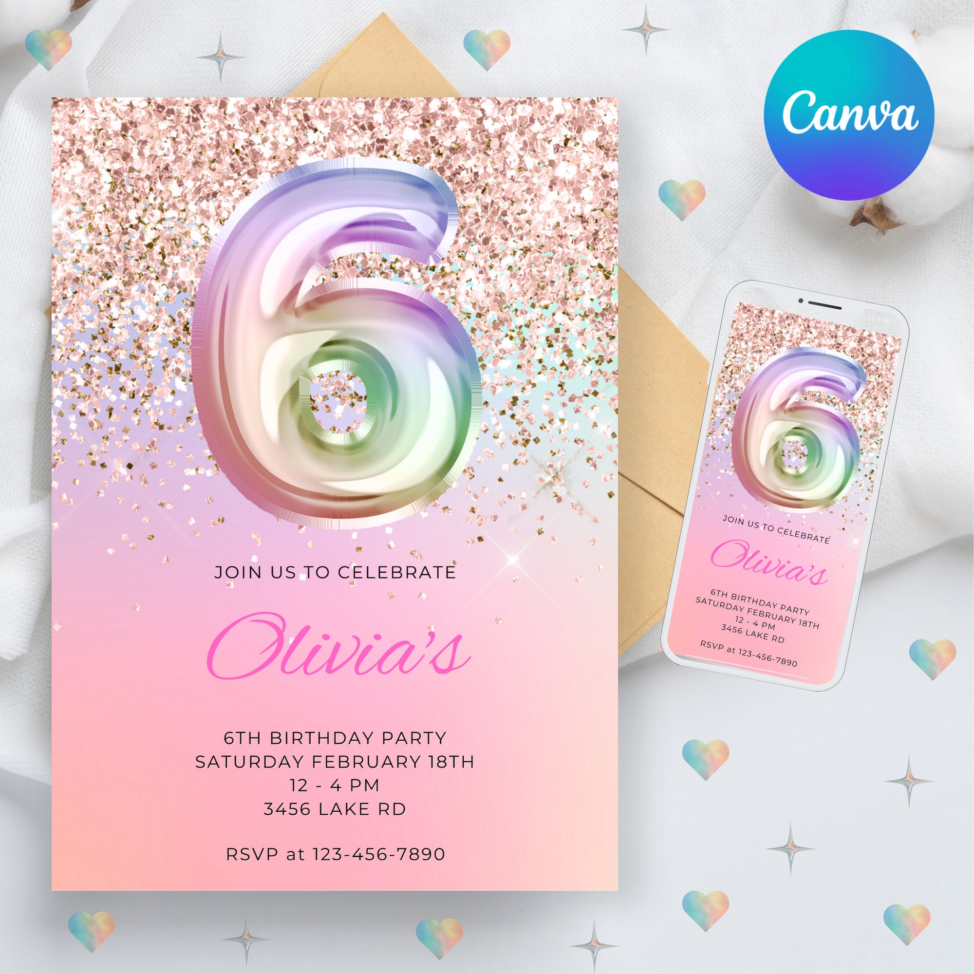 Editable 6th Birthday Iridescent Invitation Template Pink Glitter ...
