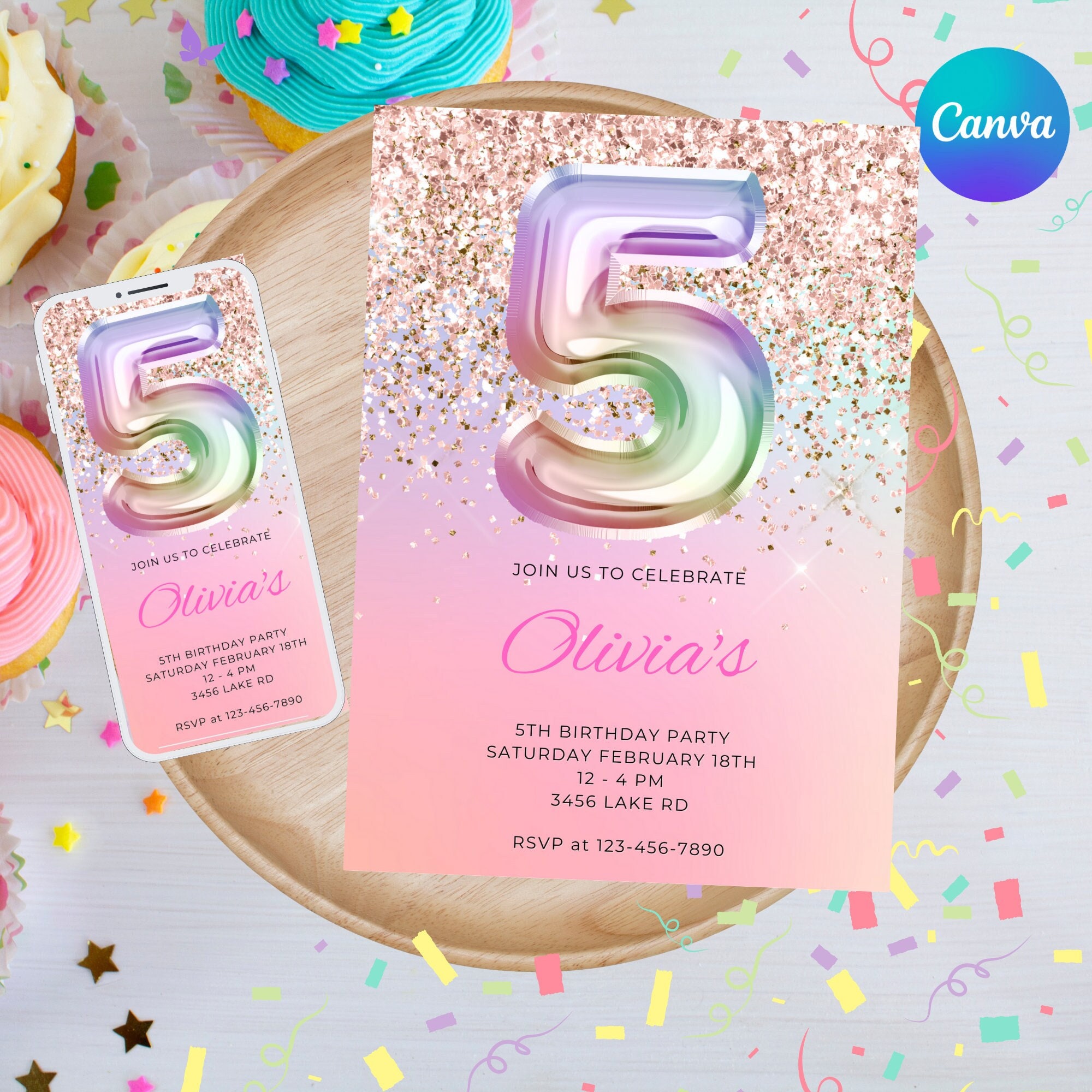 Editable 5th Birthday Invitation Template Pink Glitter Rainbow ...