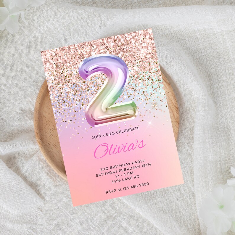 Editable 2nd Birthday Invitation Template Pink Glitter Rainbow ...