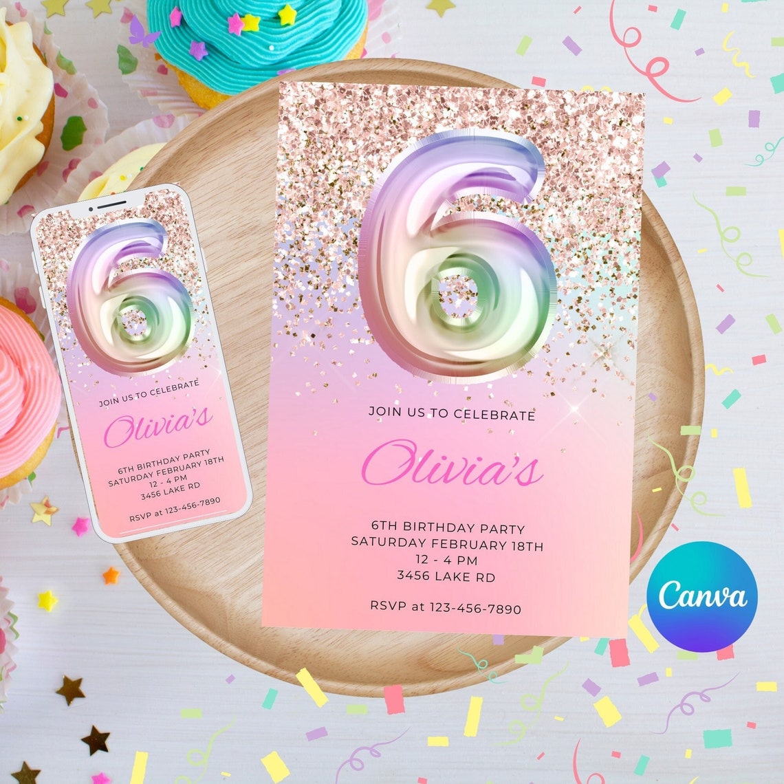 Editable 6th Birthday Iridescent Invitation Template Pink Glitter ...