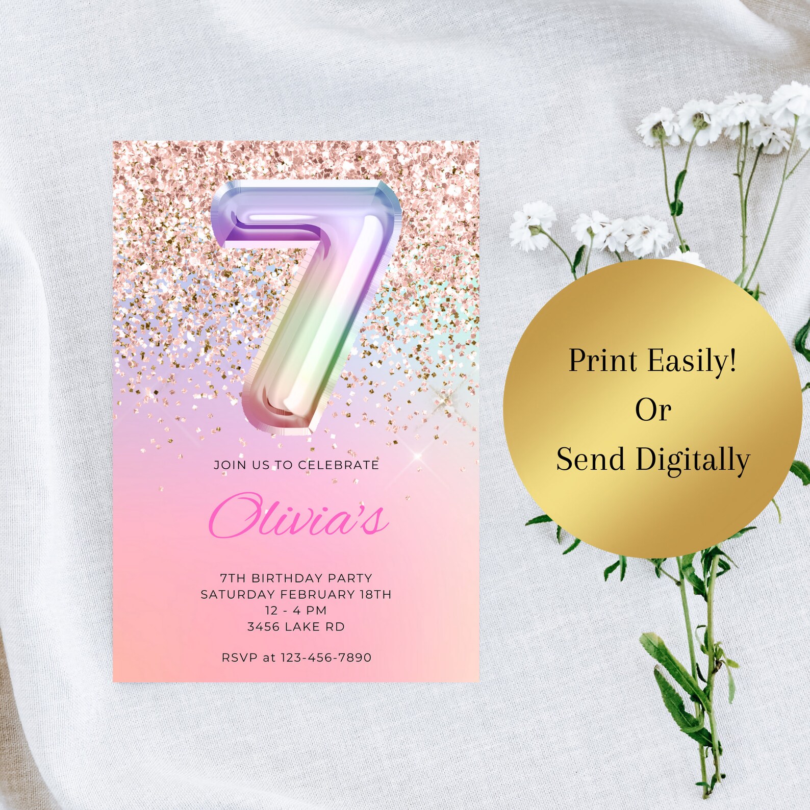 Editable 7th Birthday Invitation Template Pink Glitter Rainbow ...