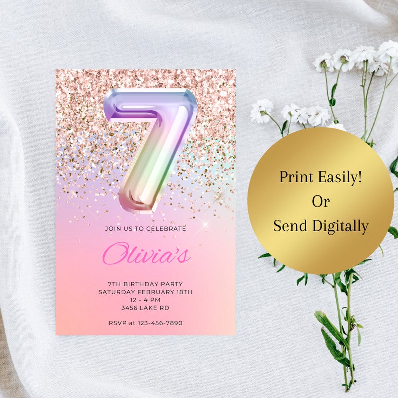 Editable 7th Birthday Invitation Template Pink Glitter Rainbow ...