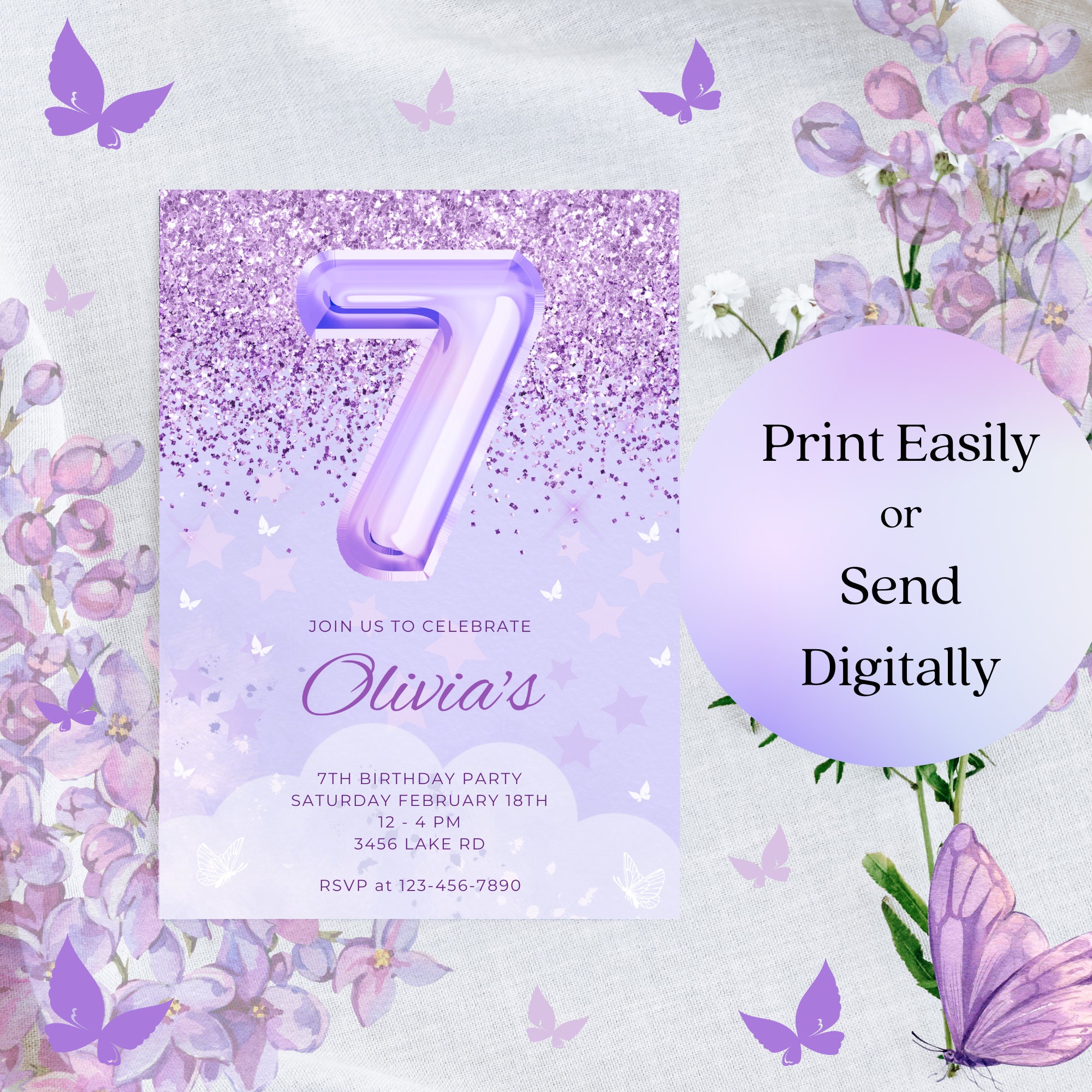 Editable 7th Birthday Invitation Template Purple Glitter Butterfly ...