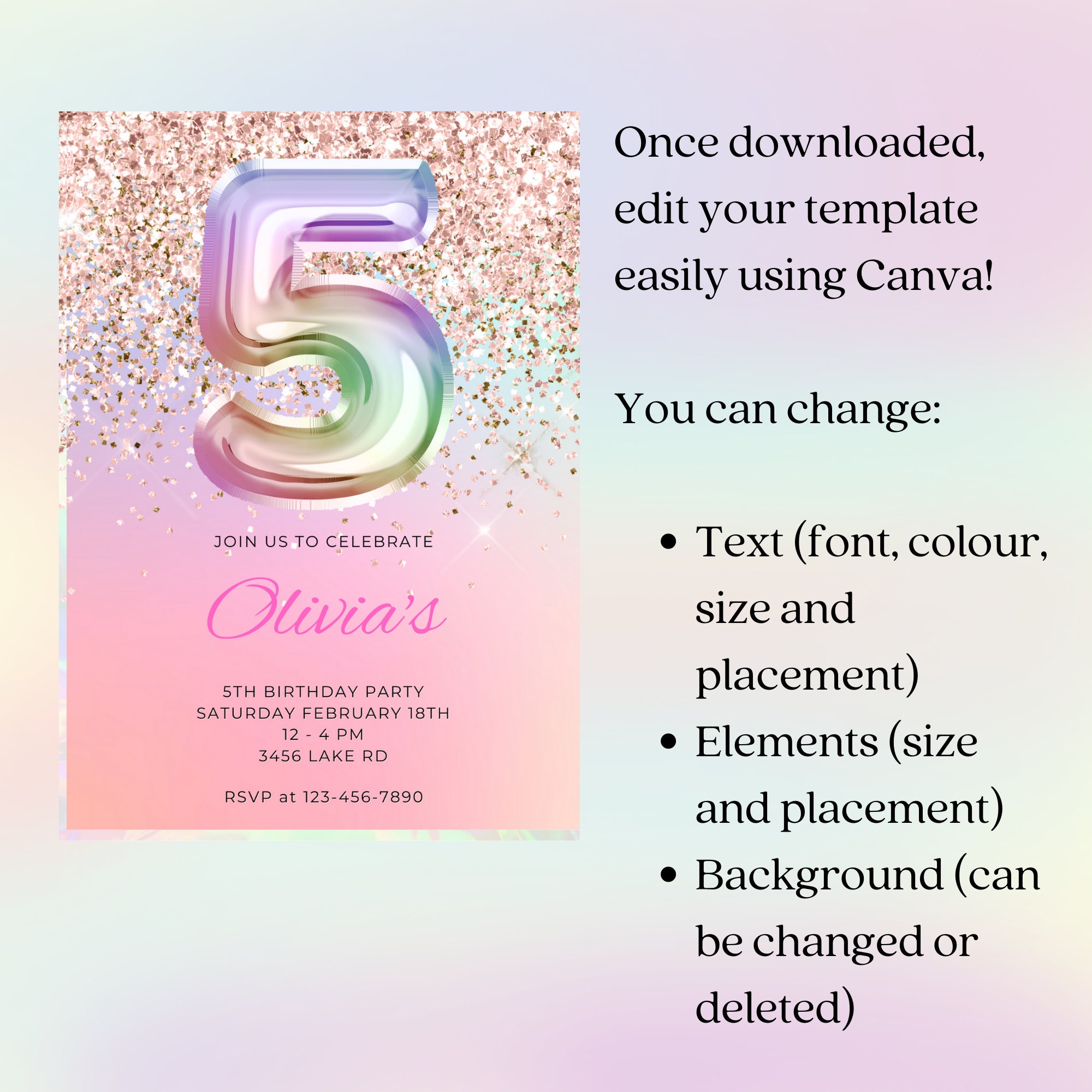 Editable 5th Birthday Invitation Template Pink Glitter Rainbow ...
