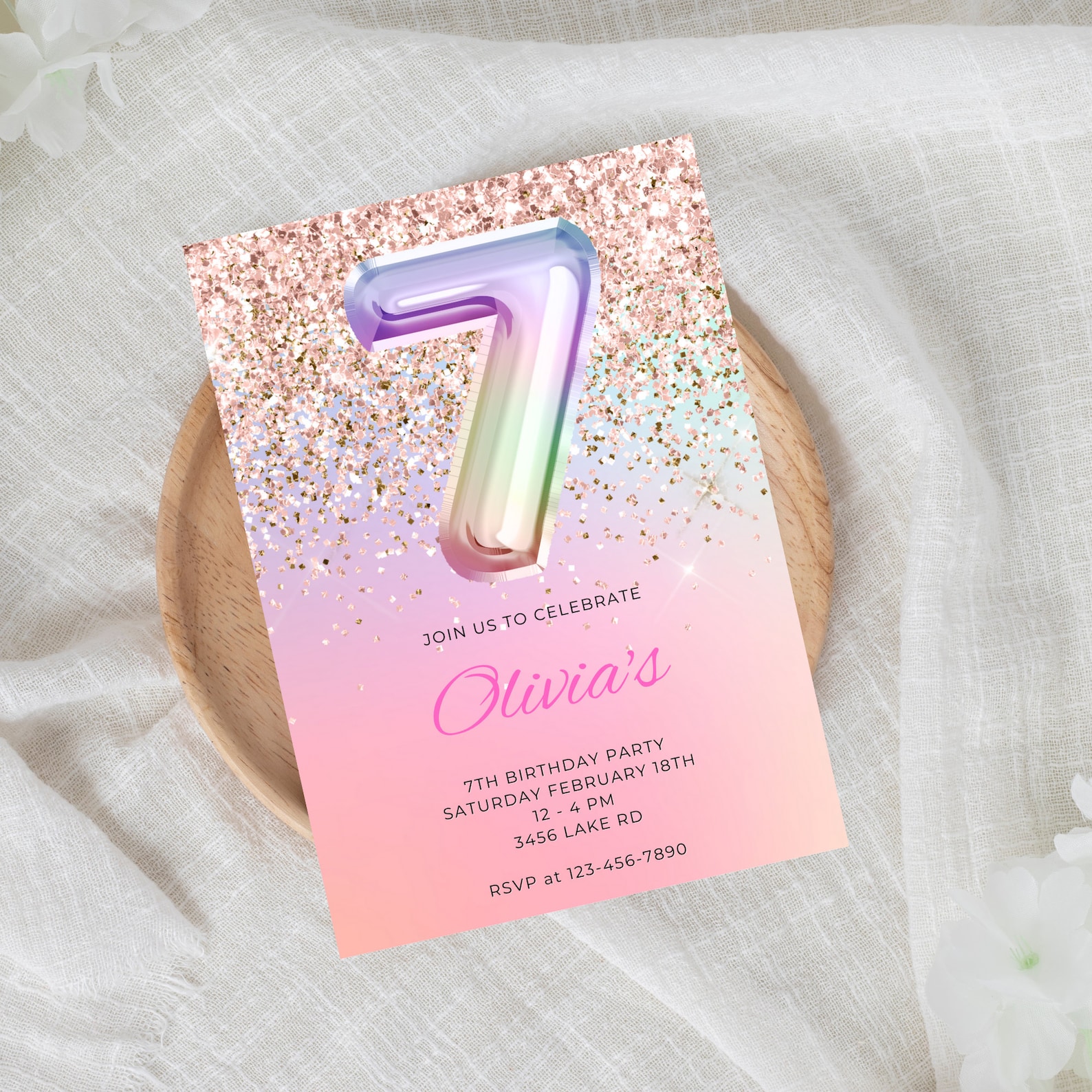 Editable 7th Birthday Invitation Template Pink Glitter Rainbow ...