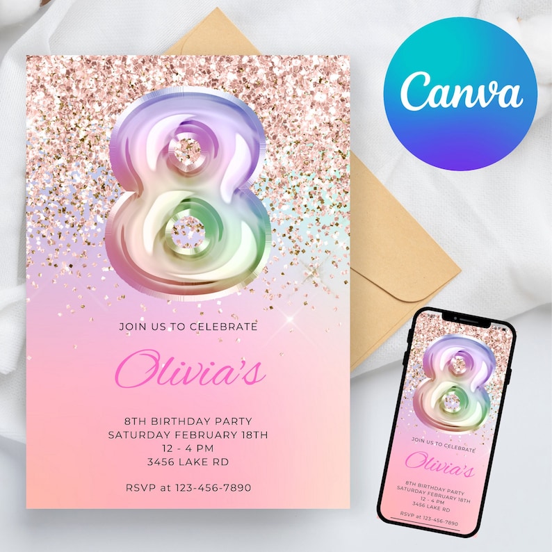 Editable 8th Birthday Invitation Template Pink Glitter Rainbow