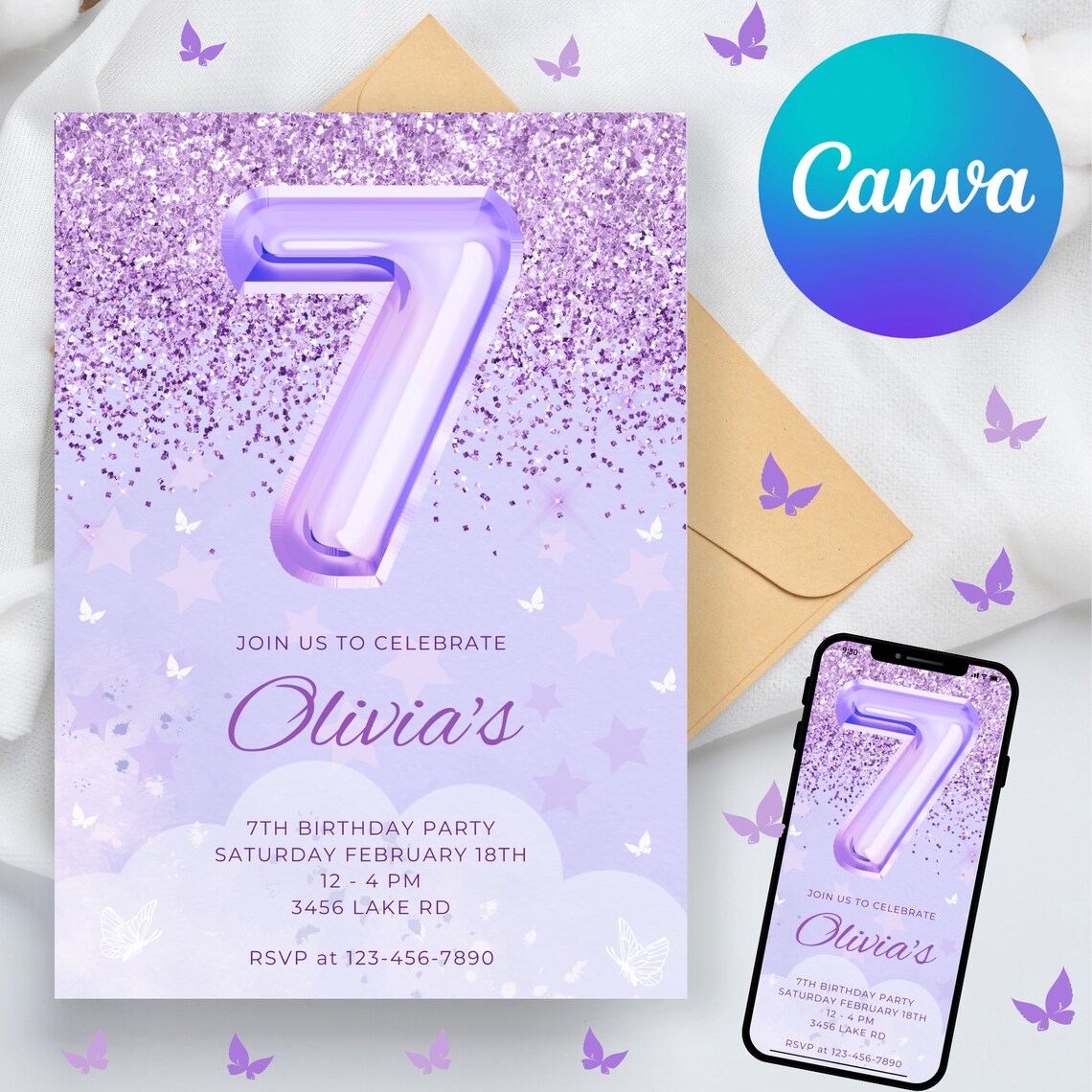 Editable 7th Birthday Invitation Template Purple Glitter Butterfly ...