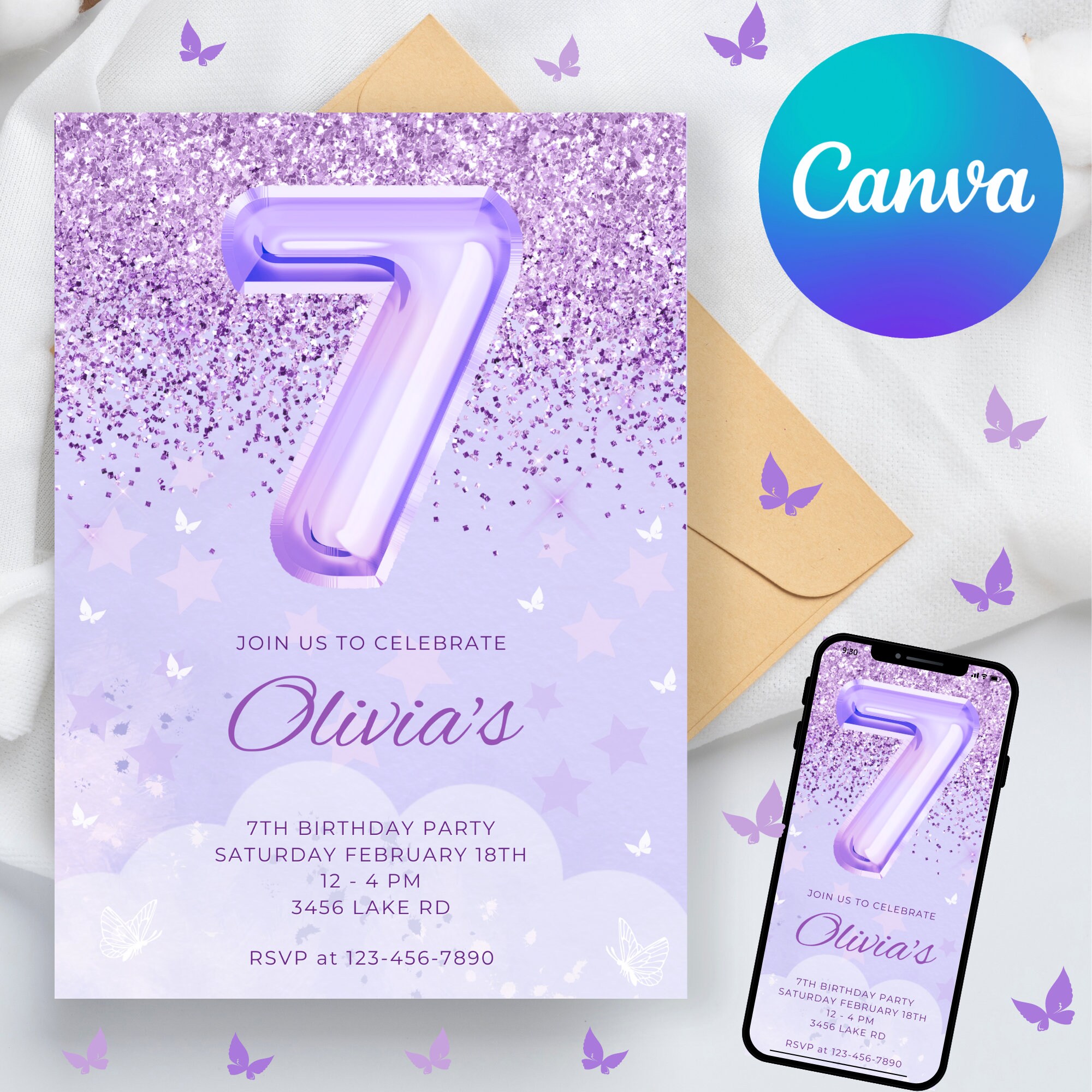 Editable 7th Birthday Invitation Template Purple Glitter Butterfly ...