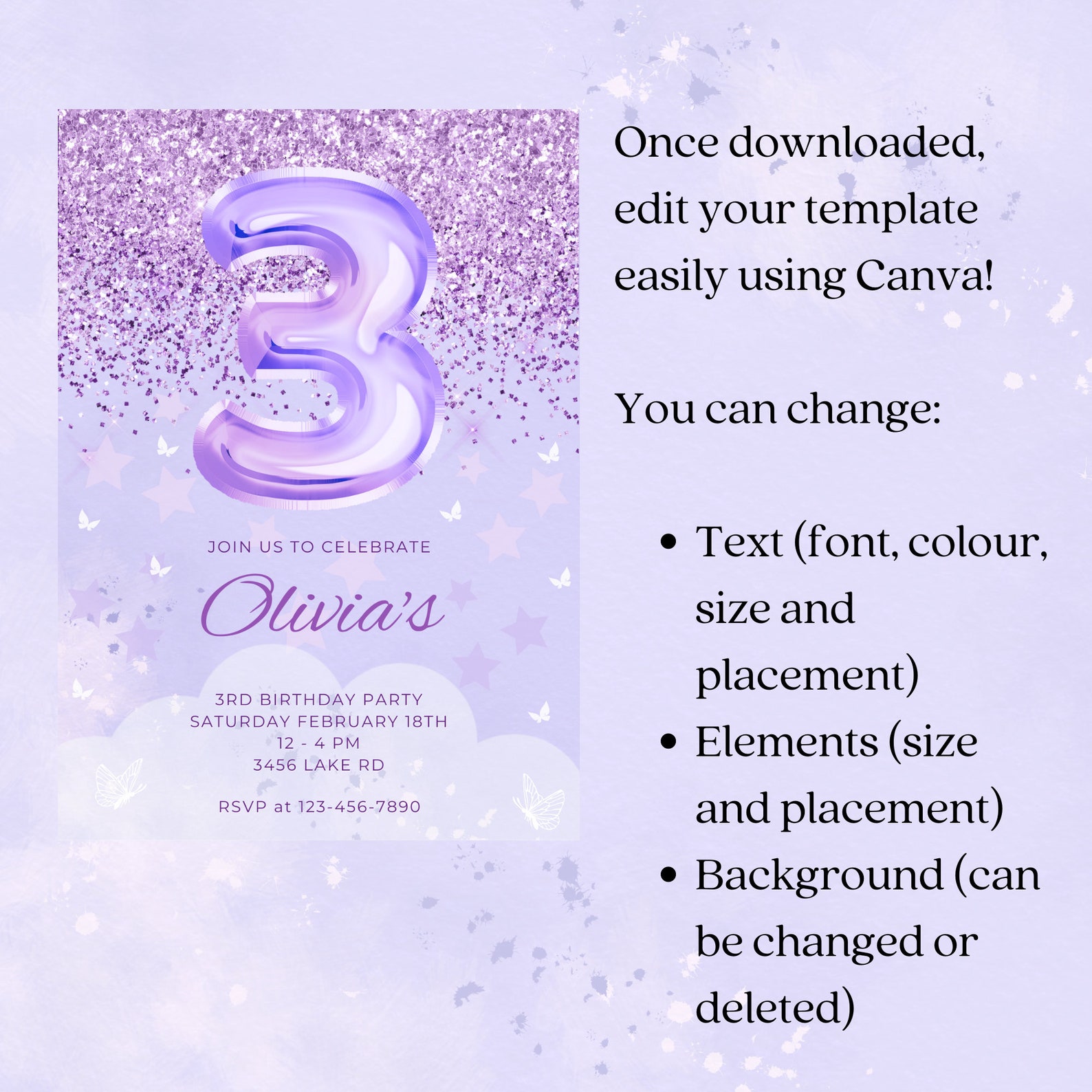 Editable 3rd Birthday Invitation Template Purple Glitter Butterfly ...