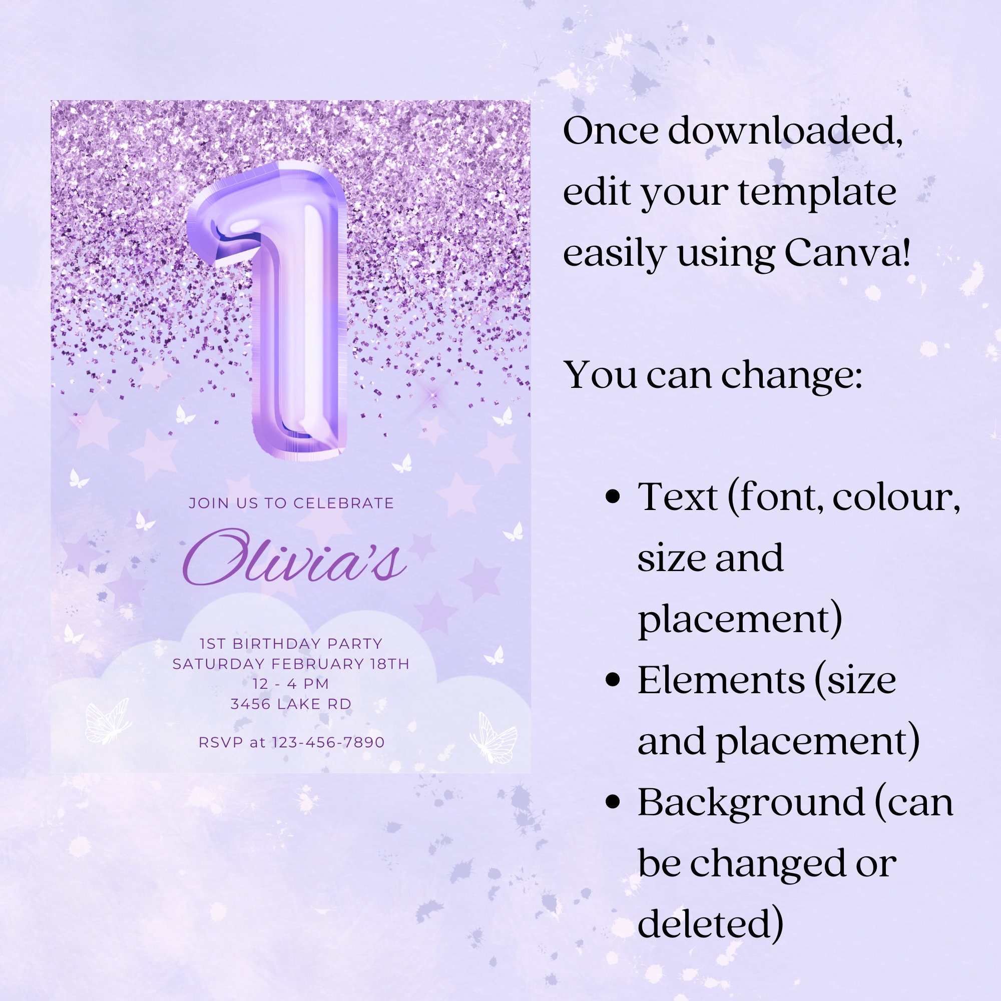 Editable 1st Birthday Invitation Template Purple Glitter Butterfly ...