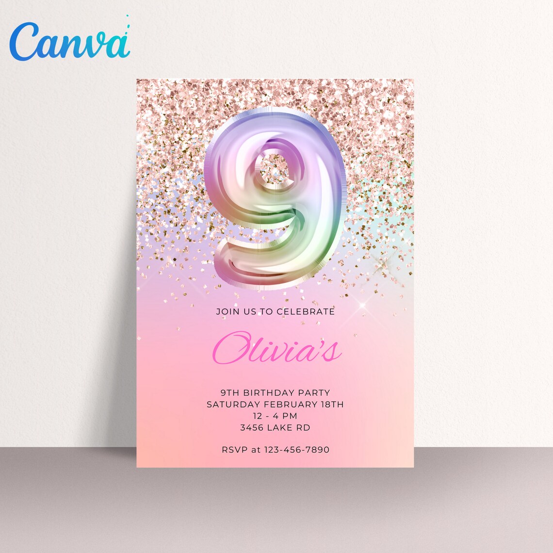 Editable 9th Birthday Invitation Template Pink Glitter Rainbow ...