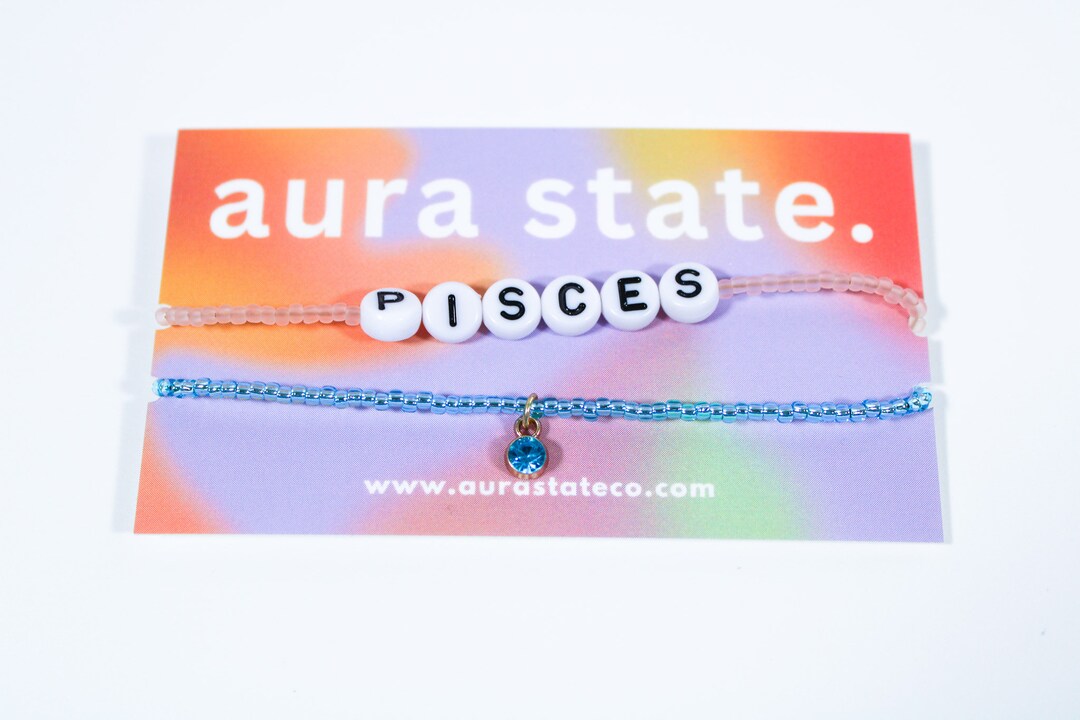 Pisces Letter Bead and March Charm Bracelet in Pale Pink and Aquamarine ...