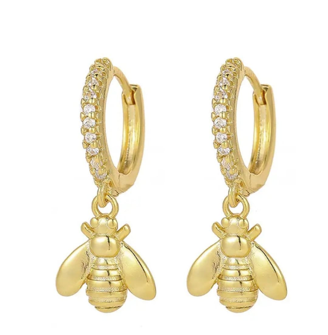 18K Gold Plated Bee Hoop Earrings With CZ Stones, Jewelry for Women, Gift for Her, Minimalist ...