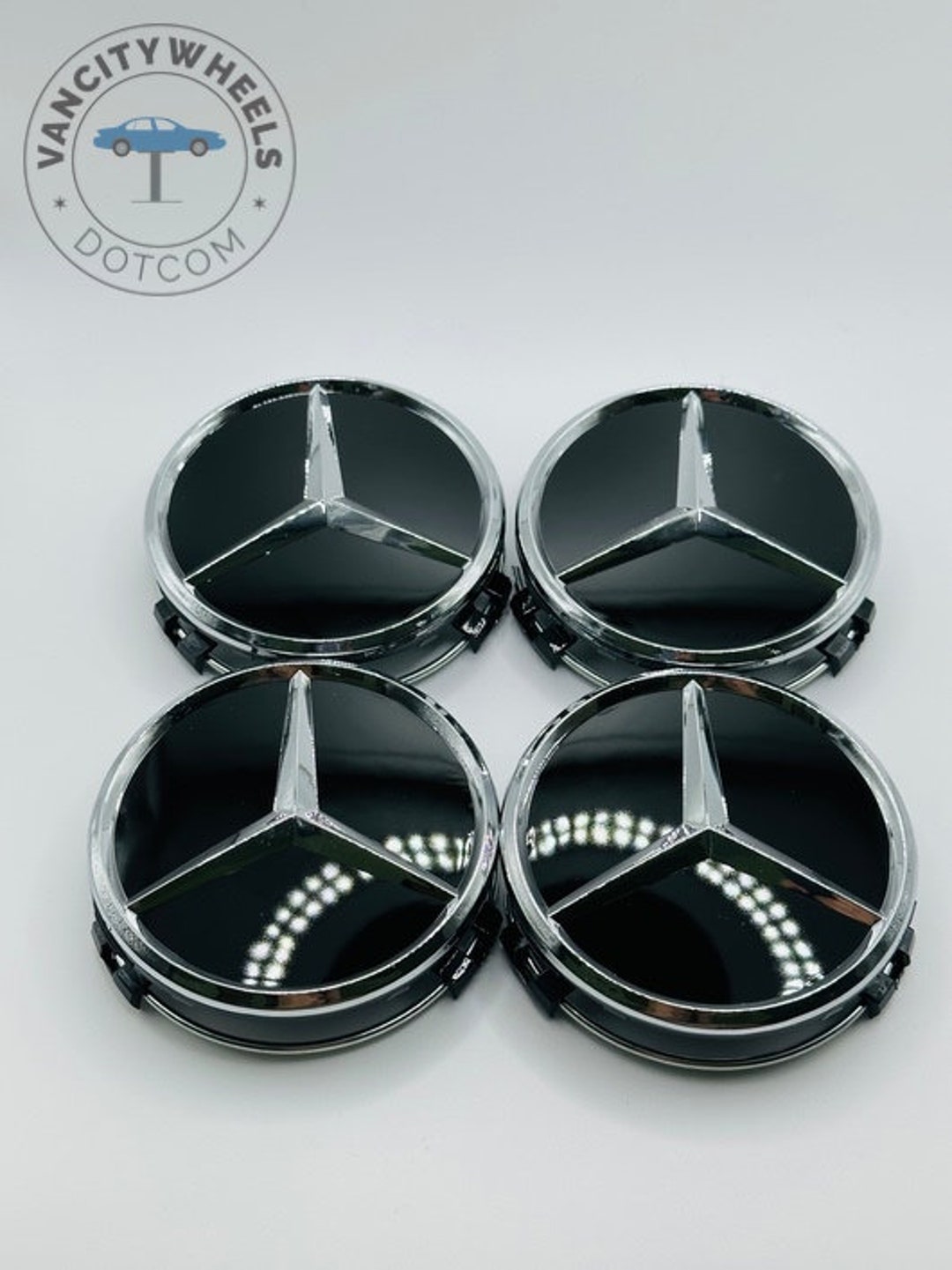 Set of 4 Gloss Black/chrome Mercedes Benz Alloy Wheel Center Caps 75mm ...