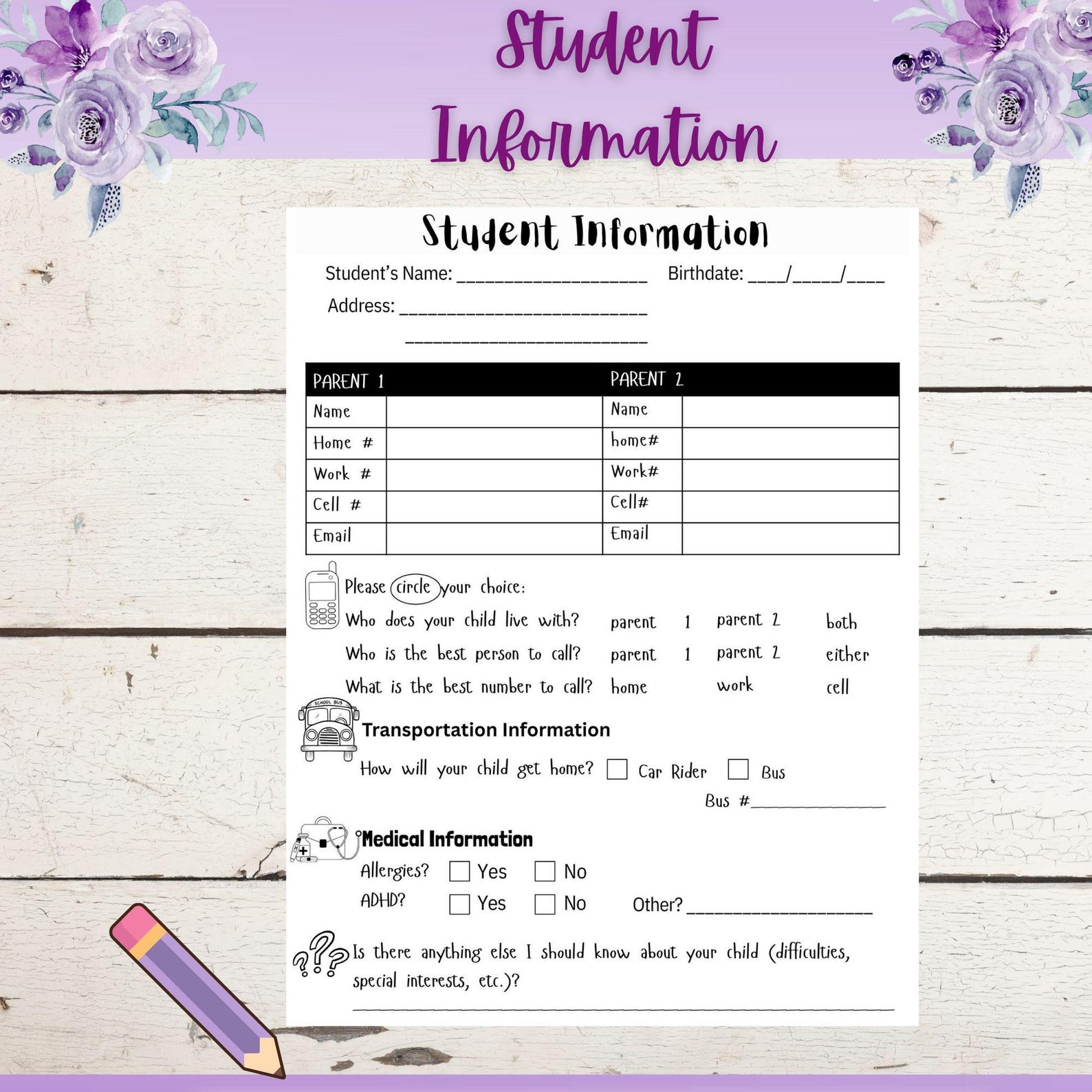 Editable Student Information Sheet | Back to School Parent Contact Form ...