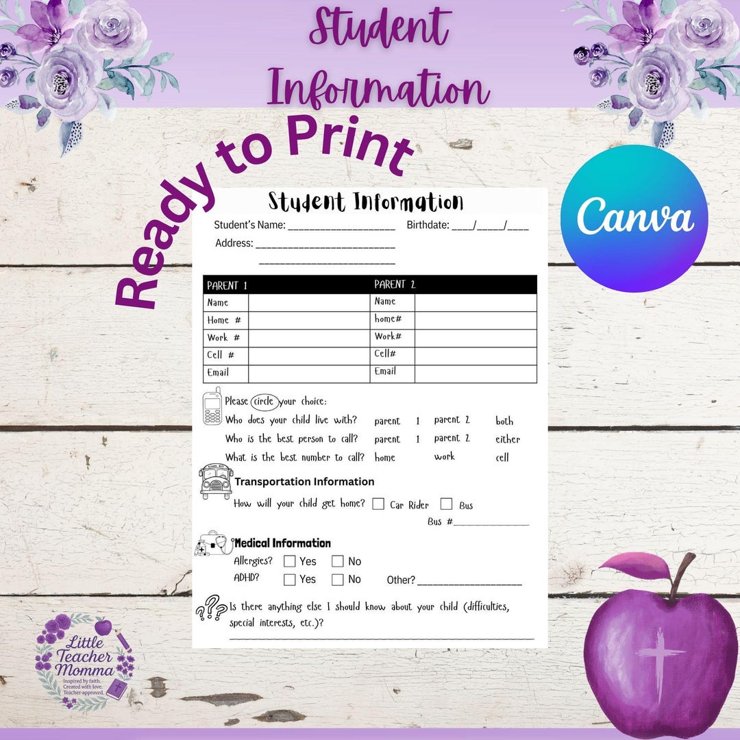 Editable Student Information Sheet | Back to School Parent Contact Form ...