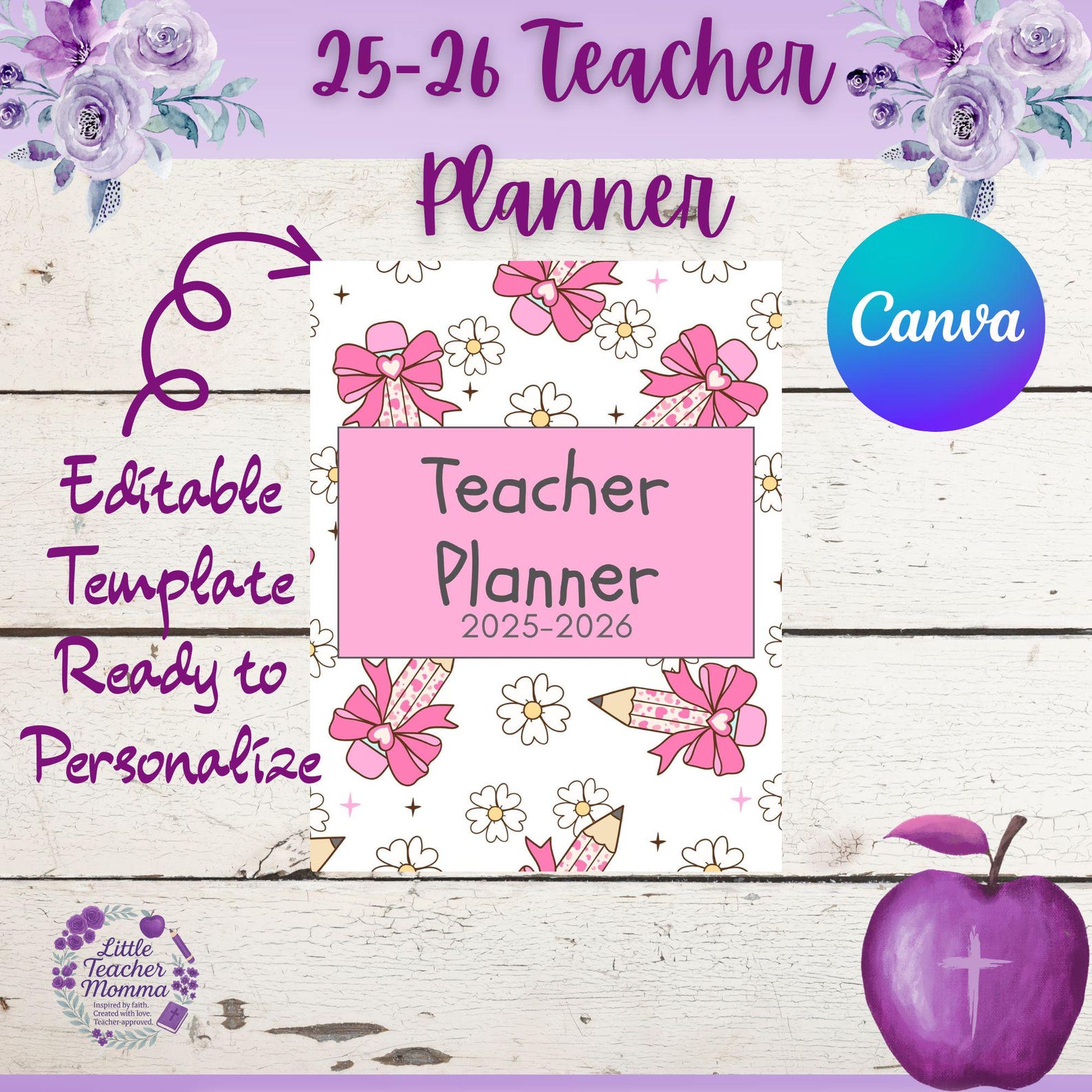 Editable 2025-2026 Teacher Planner | Pink Bows & Pencil Theme | Daily ...