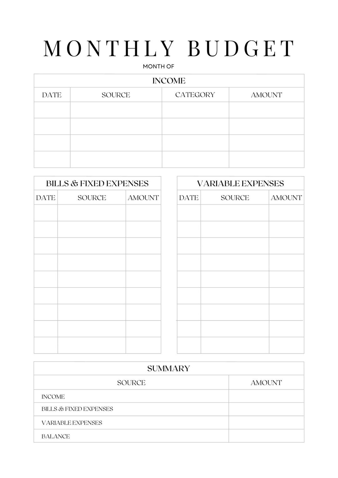 Blank Monthly Budget Template - Etsy