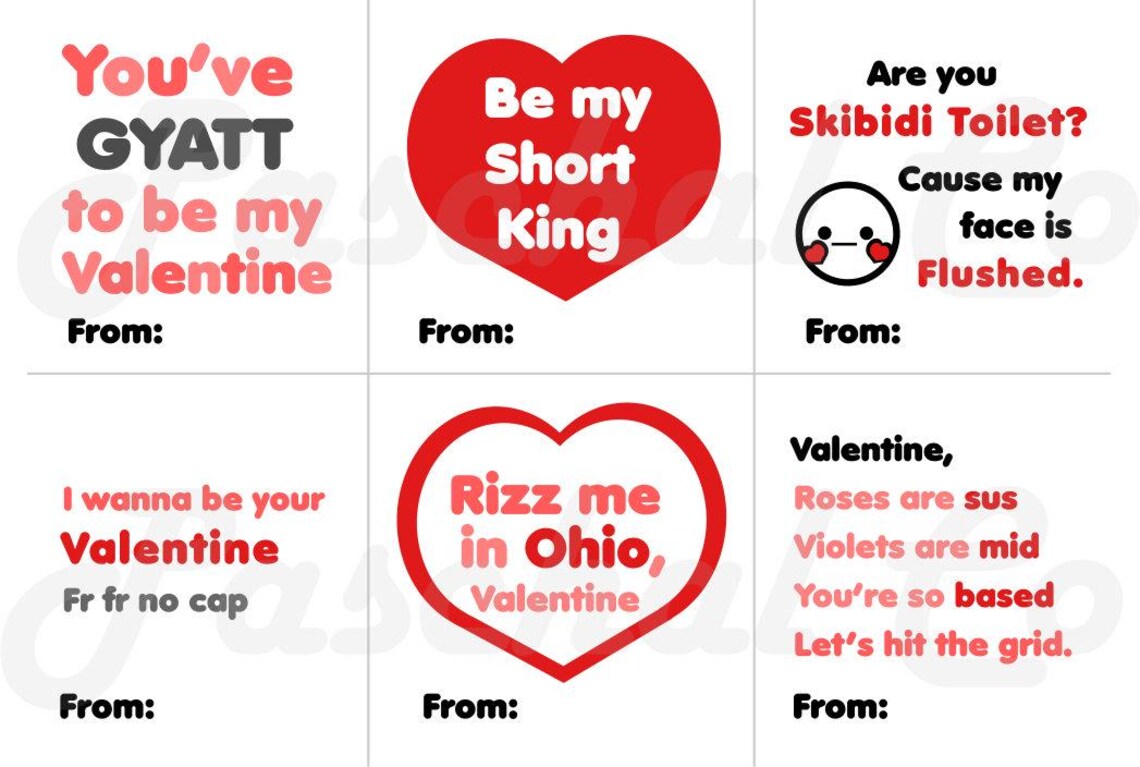 Gen Alpha, Gen Z, Kid Teen Boy Slang Valentine Cards, Funny Brainrot ...