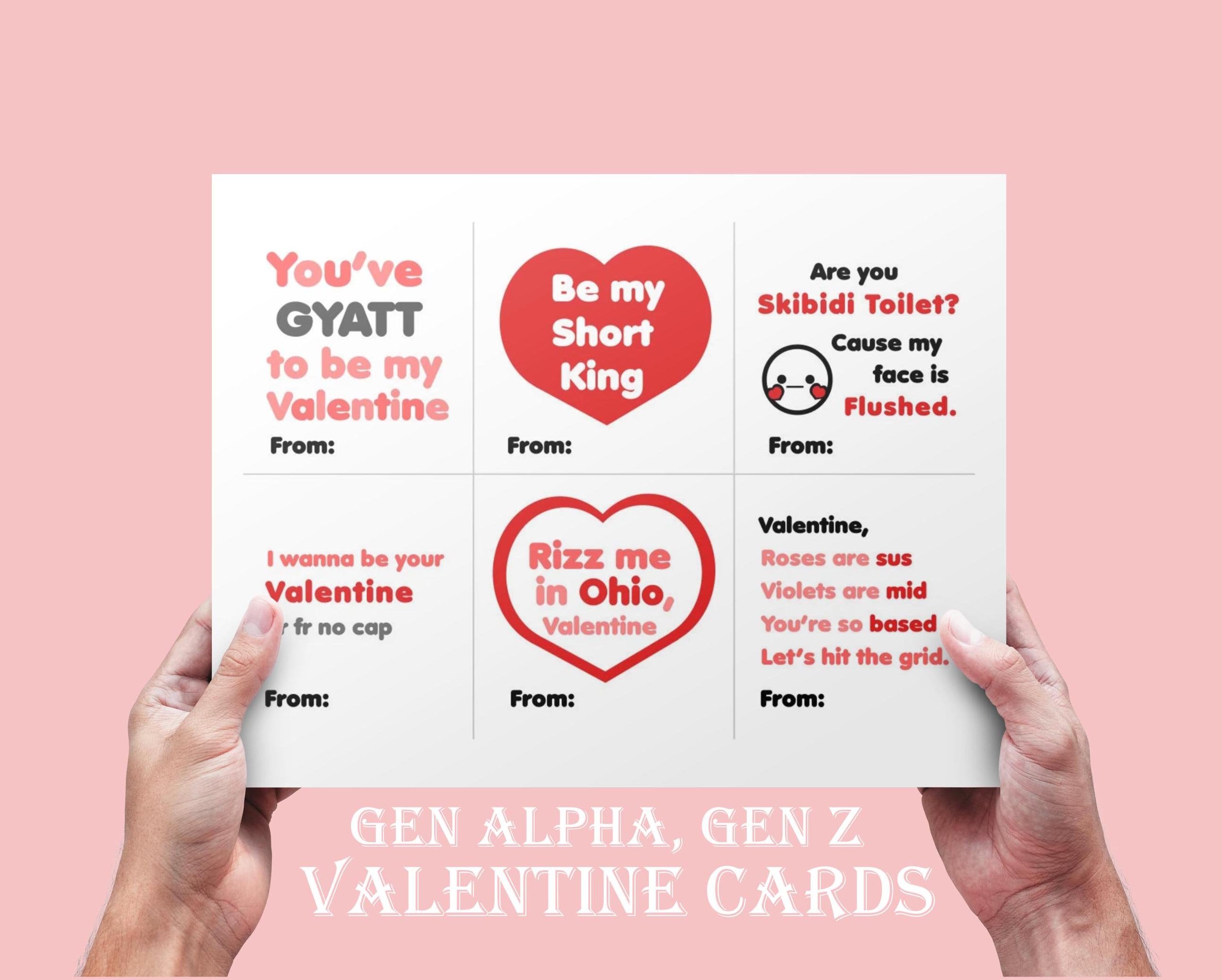 Gen Alpha, Gen Z, Kid Teen Boy Slang Valentine Cards, Funny Brainrot ...