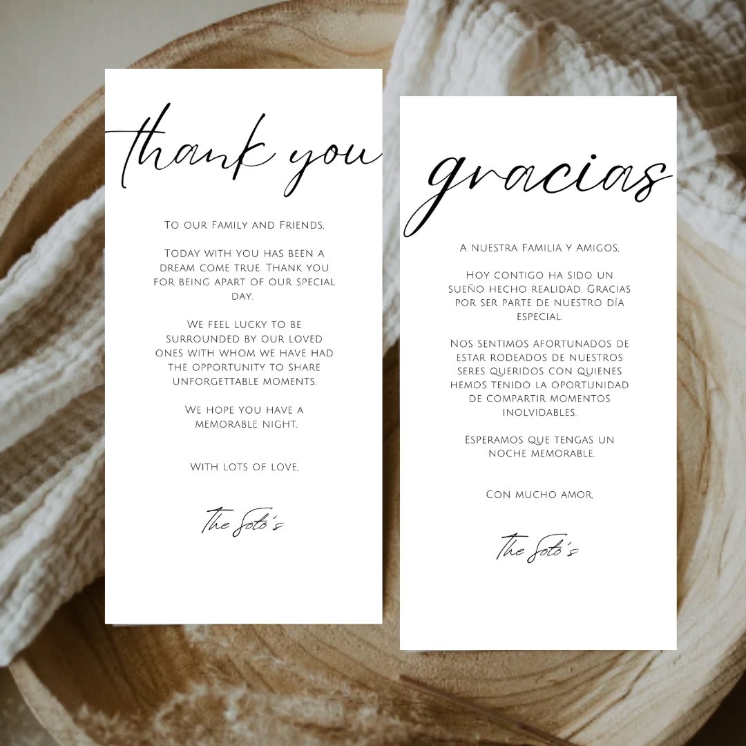 Spanish and English Thank You Cards | Digital Thank You Card | Bilingual Place Card | Table Card ...