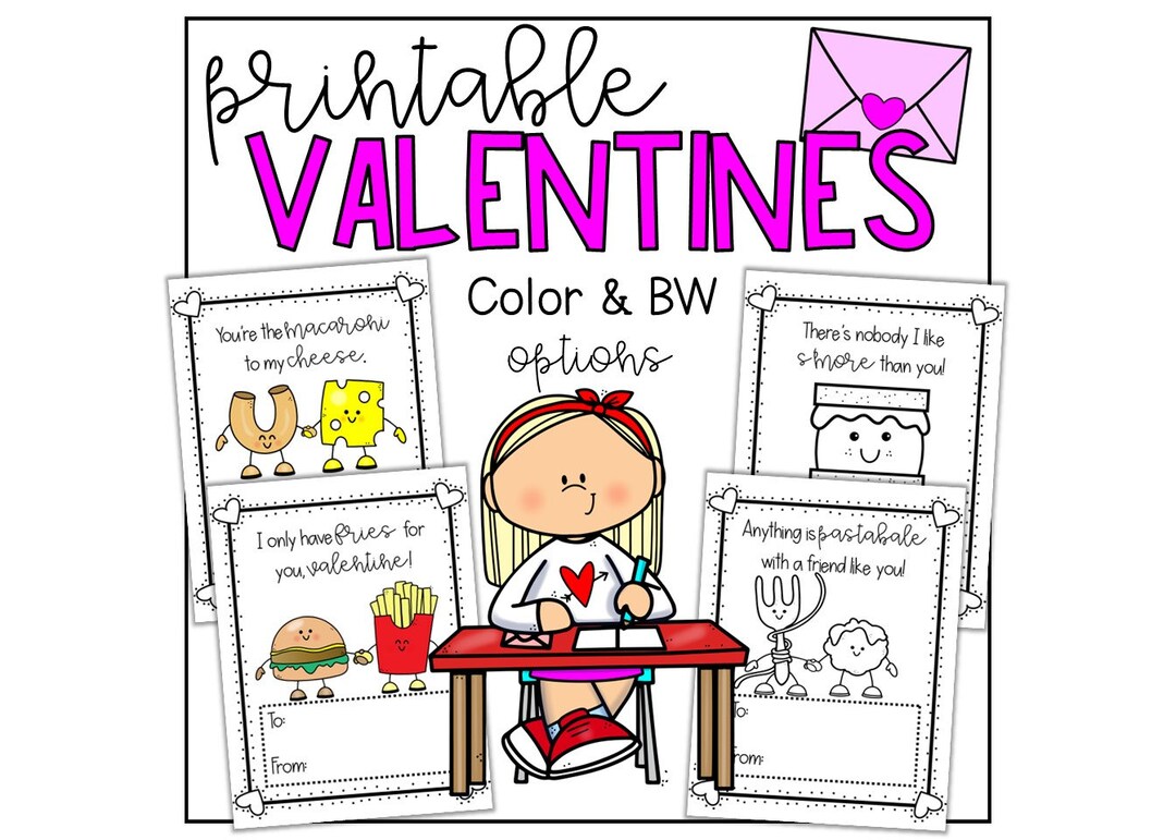 Printable Student Valentine's Day Cards Color and Black White - Etsy