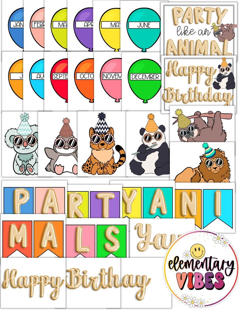 Party Animals Classroom Birthday Bulletin Board Kit Printable DIY - Etsy