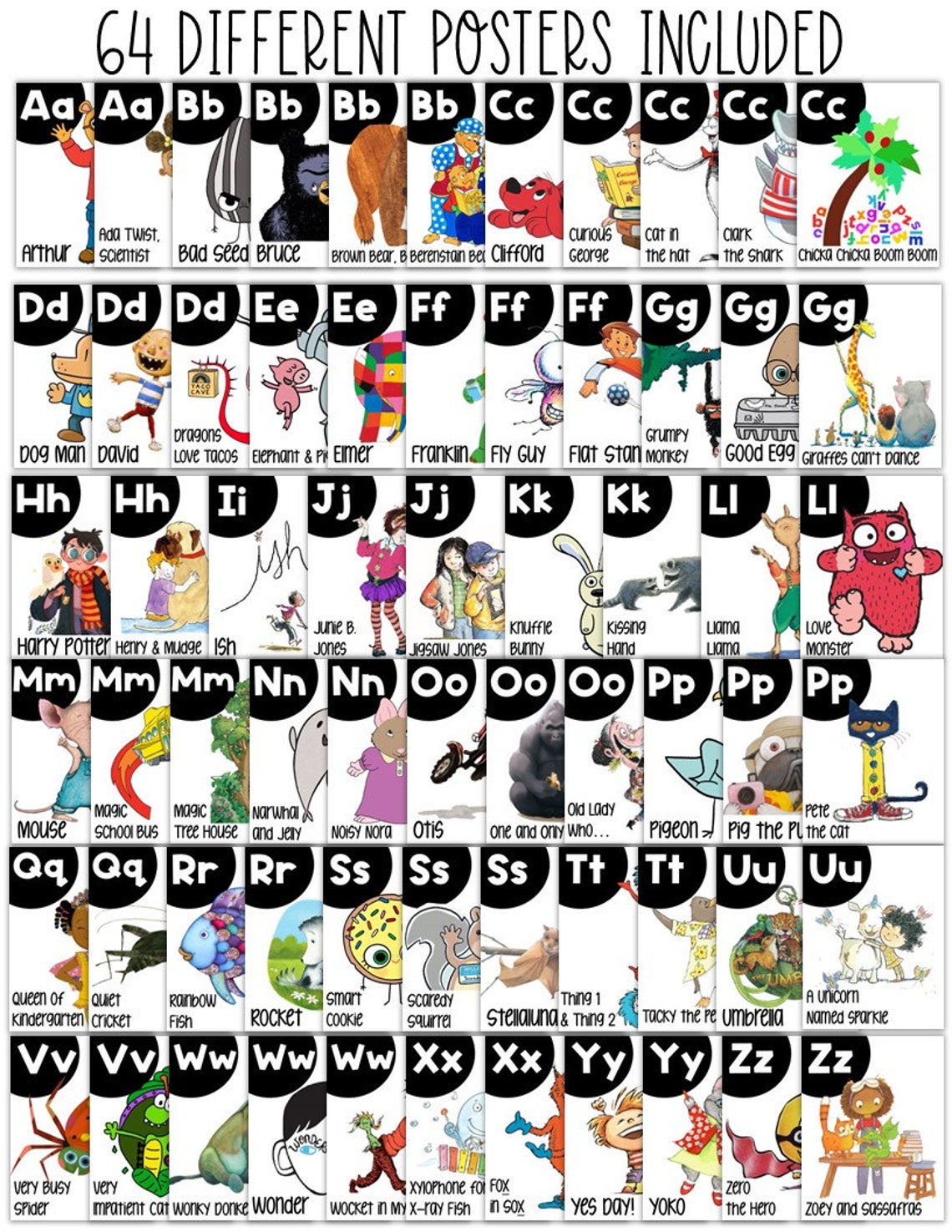 Library Favorite Book Characters Printable Alphabet Letter Posters - Etsy