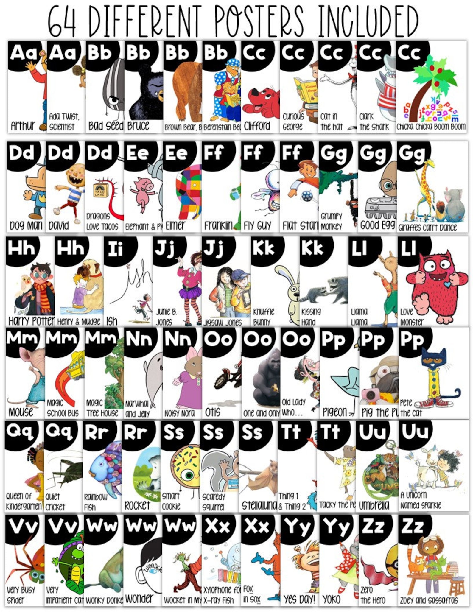 Library Favorite Book Characters Printable Alphabet Letter Posters - Etsy