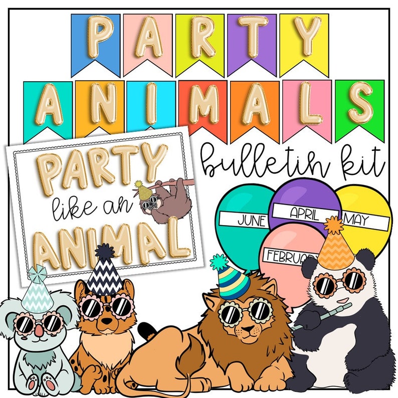 Party Animals Classroom Birthday Bulletin Board Kit Printable DIY - Etsy