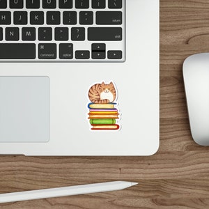 Cat and Books Die-cut Sticker - Etsy