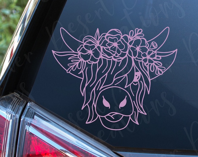 Highland Cow Vinyl Decal Highland Cow With Floral Wreath Vinyl Decal ...