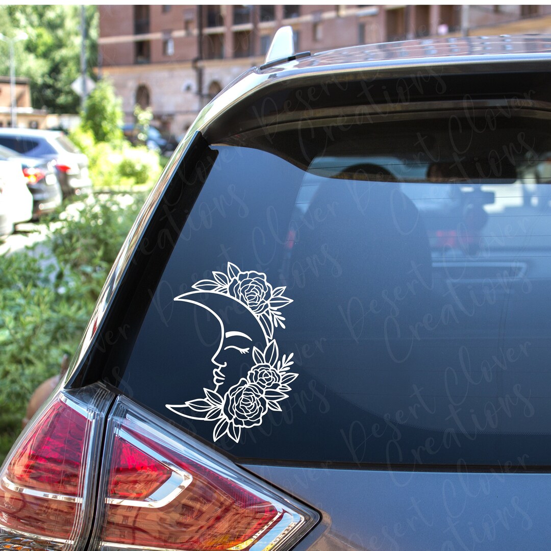 Floral Crescent Moon Face Vinyl Decal - Moon and Flowers Vinyl Decal ...