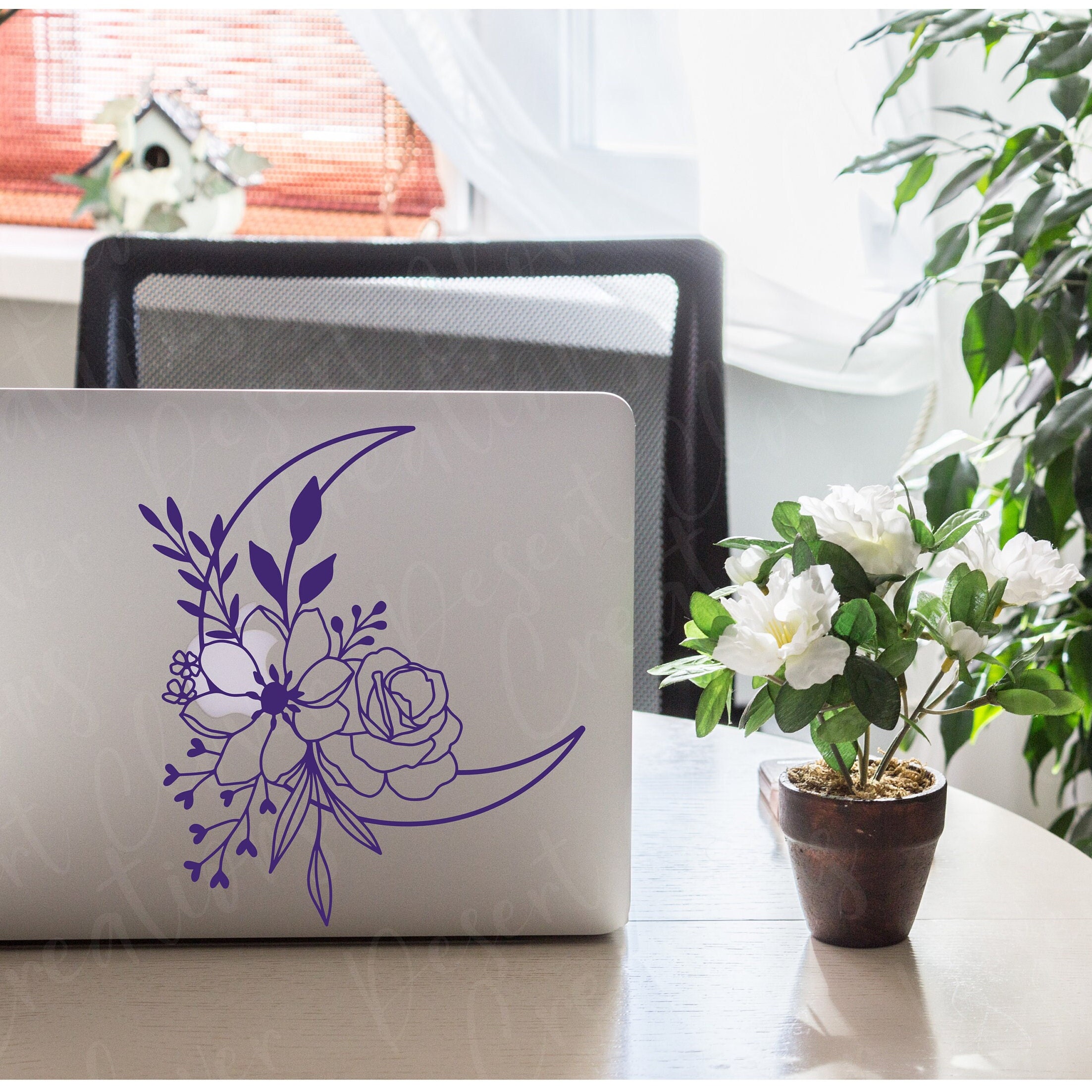 Floral Moon Vinyl Decal Moon and Flowers Vinyl Decal Moon - Etsy