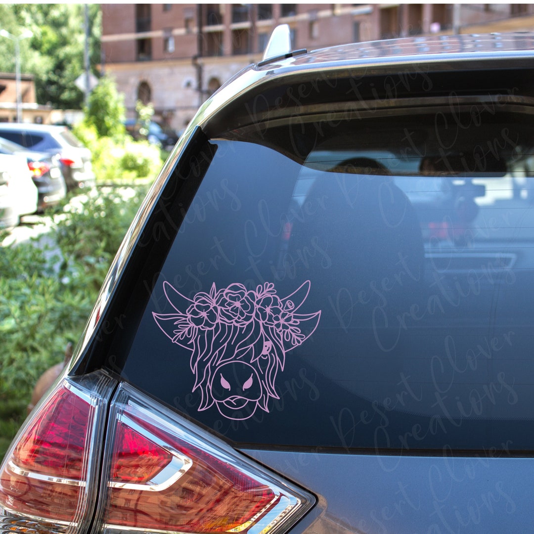 Highland Cow Vinyl Decal - Highland Cow With Floral Wreath Vinyl Decal ...