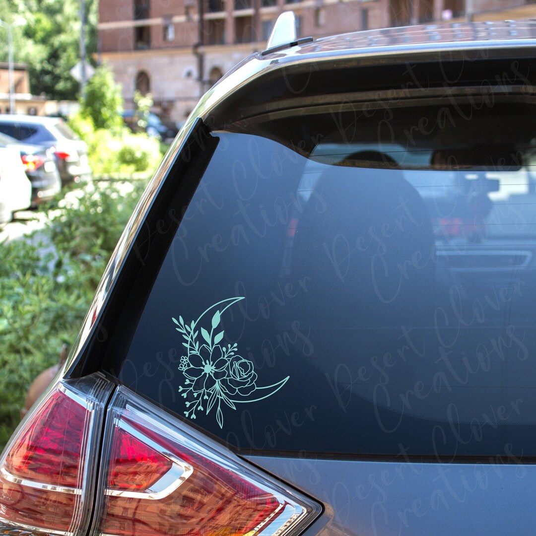 Floral Moon Vinyl Decal - Moon and Flowers Vinyl Decal- Moon Sticker ...