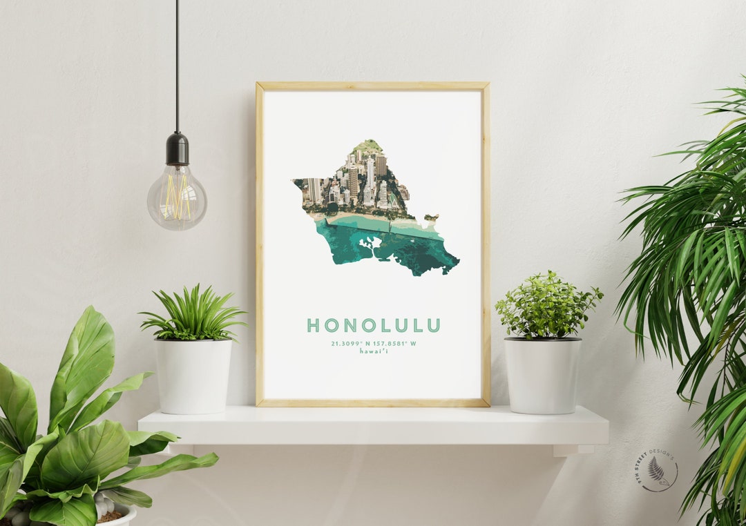 Honolulu Map Artwork Oahu Artwork Hawaii Travel Print Honolulu Wall Art ...