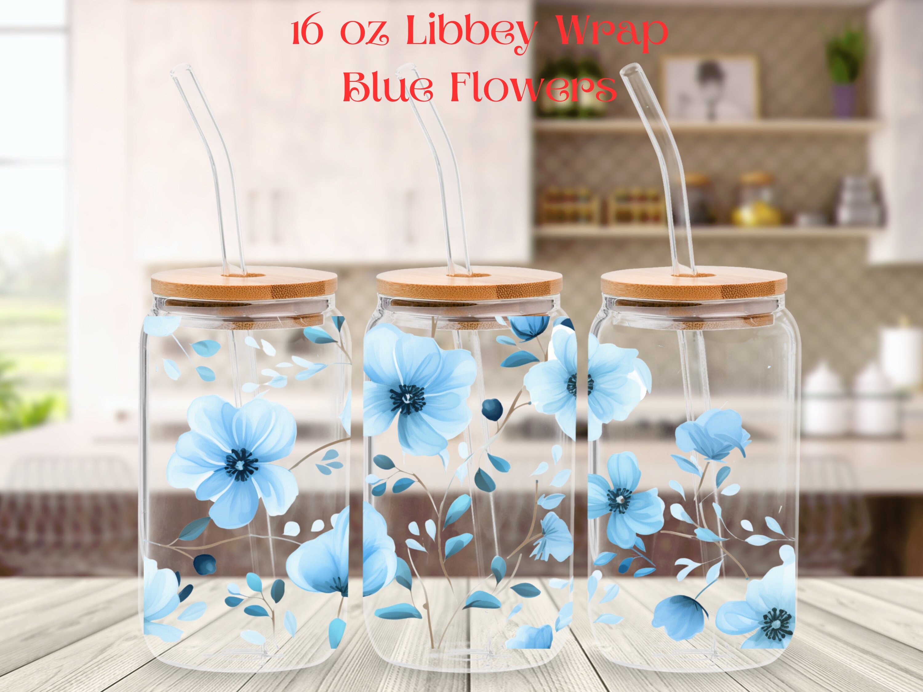 Blue Flowers Png Libbey Wrap Libby Wrap Glass Can Wrap - Etsy