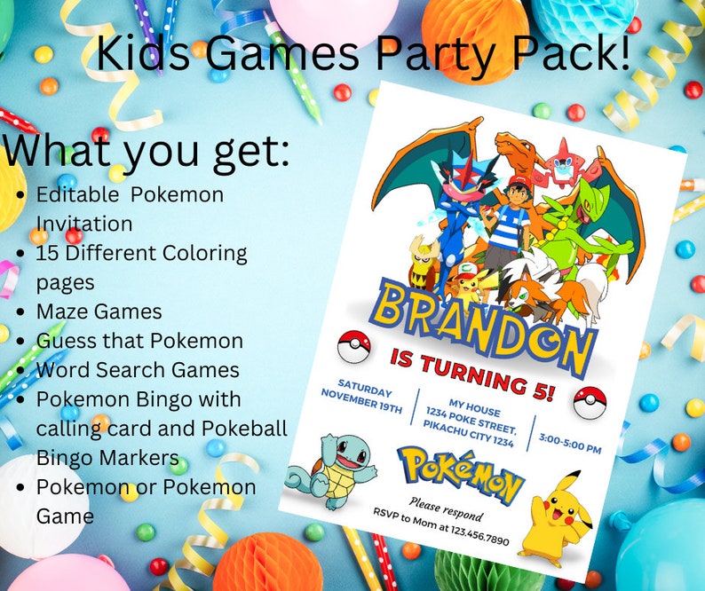 Pokemon Invitation, Pokemon Games, Charzard, Pokeball, Birthday Bundle ...