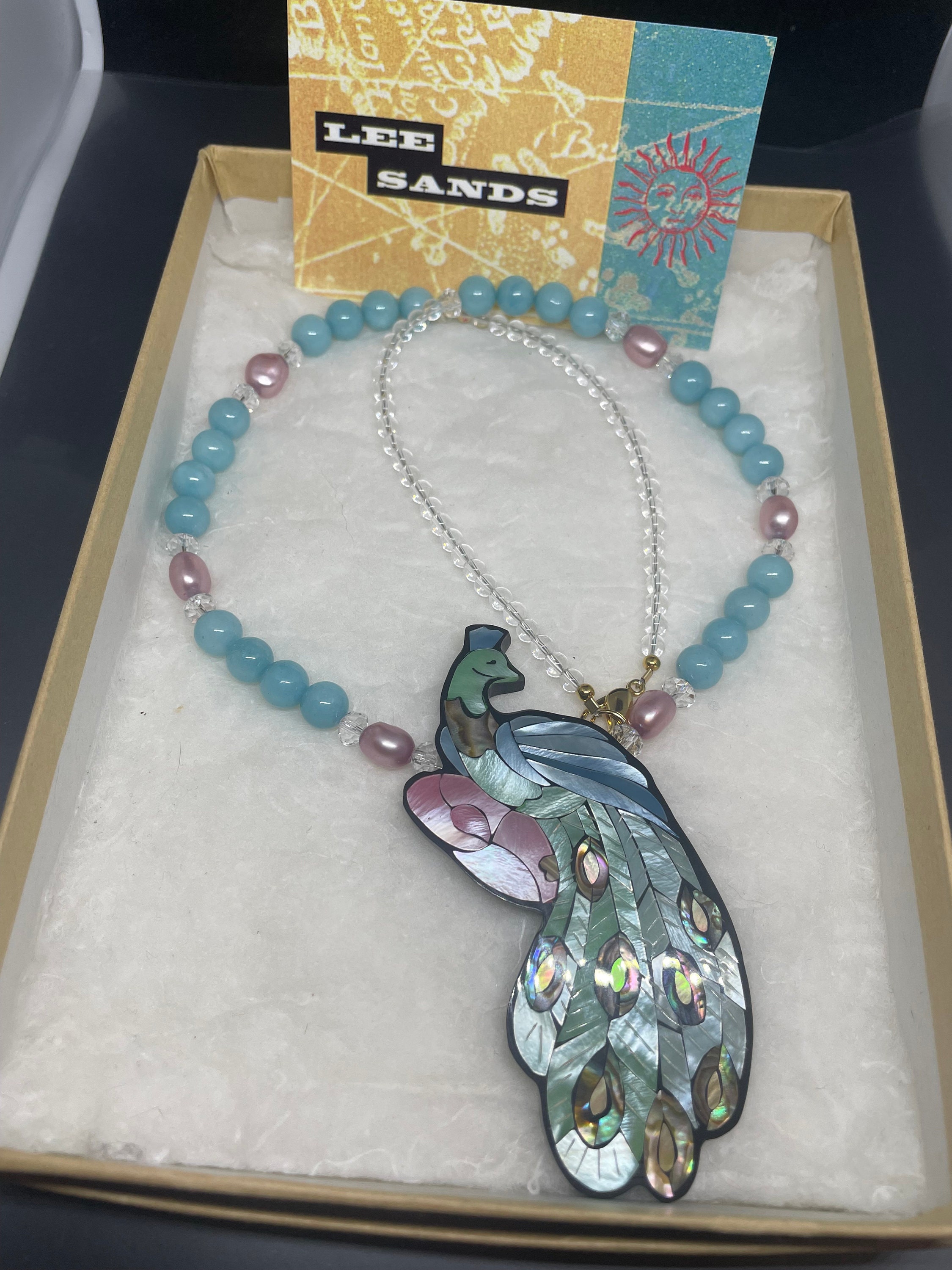 VTG Signed Lee Sands Inlay Mother of Pearl Beaded Peacock Pendant 22 ...