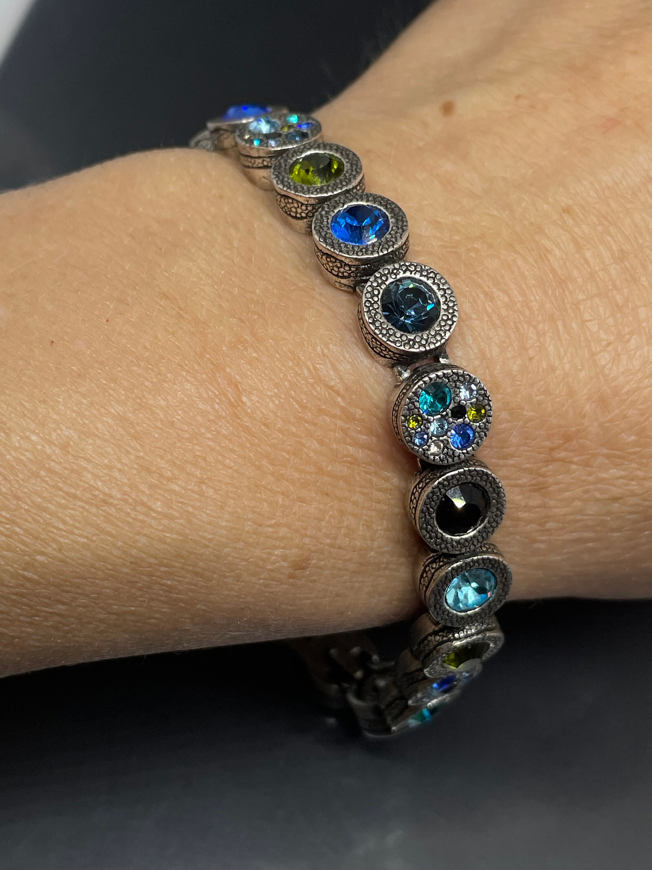 Patricia Locke Signed Multicolor Round Crystals Silvertone 7” Tennis ...