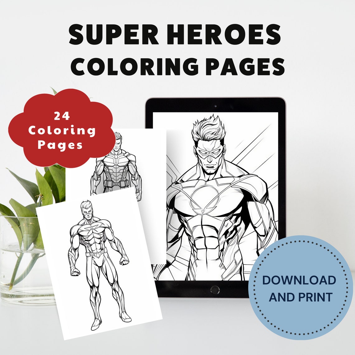 33 Super Heroes Coloring Pages Adults and Kids Grayscale Book Gift ...