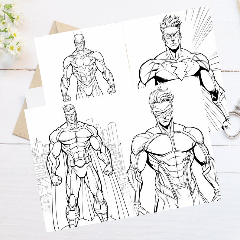 33 Super Heroes Coloring Pages Adults and Kids Grayscale Book Gift ...