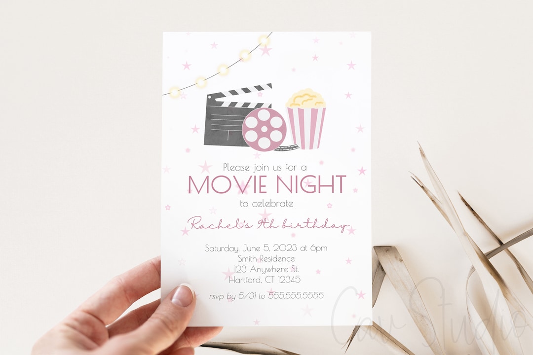 Movie Night Birthday Party Invite, Girl Birthday Party, Pink Birthday ...