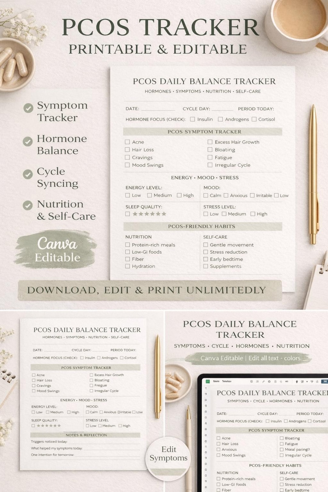 PCOS Tracker Printable | PCOS Symptom & Hormone Tracker | Insulin ...