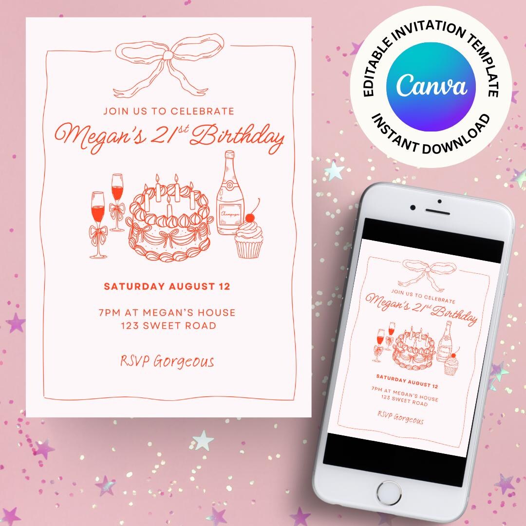 Trendy Birthday Party Invitation Template, Trendy Bow Cocktails Invite ...